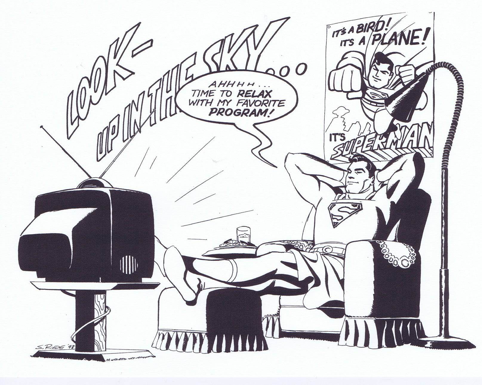 Superman Watching TV B&W Print – Steve Rude Art